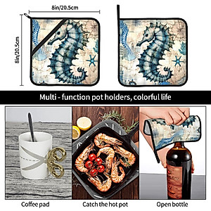 Pot Holders Set of 2, Ocean World Sea Animals Seahorse Heat Resistant Kitchen Non Slip Printed Cooking Barbecue Baking Microwave