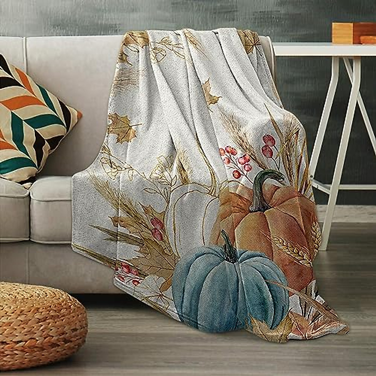 Throw Blanket- Autumn Thanksgiving Soft Warm Plush Fleece Bed Throw,60x80In Flannel Blankets Farm Pumpkins Wheat Fall Harvest Bedding Throws for Women/Men Bedroom Living Room Office Vintage Cotton