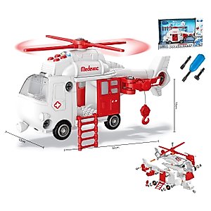 MCNICK & COMPANY Toy Helicopter - DIY Educational Fire Department Search & Rescue Medical Helicopter Toy for Kids - Battery-Powered, Lights & Sounds Kid Assembly Toys for 6+ Years (24-Pc, Red-White)
