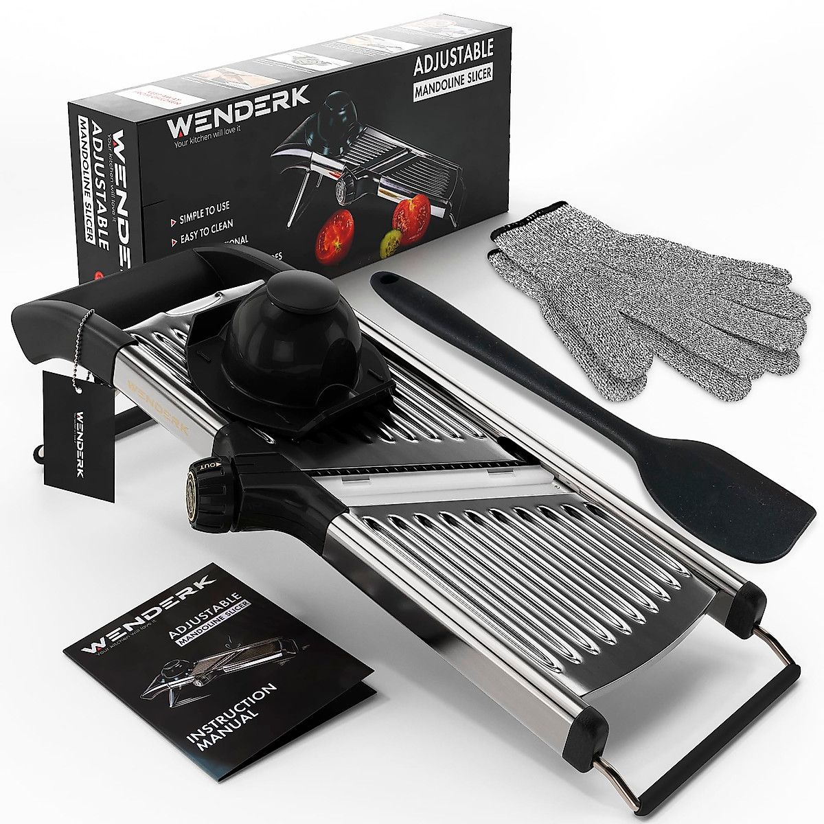 WENDERK Adjustable Stainless Steel Mandoline Food Slicer with Cut Resistant Gloves [Upgraded] - Professional Handheld Kitchen Mandolin Julienne Cutter to Slice Vegetables Fruits Chips French Fry