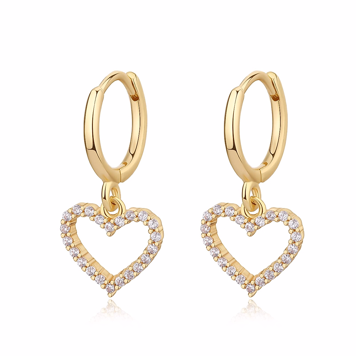 Gold Mini Dangle Huggie Earrings for Women, Dainty 14K Gold Plated Cubic Zirconia Small Hoop Earrings with Charm Drop, Jewelry Gift for Women Ladies (Hollow Heart CZ)