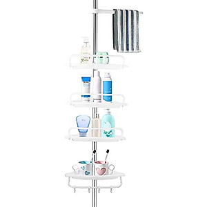 Bathroom Shower Storage Constant Tension Pole Shower Caddy Tension Pole Storage Shelves, Stainless Steel Rod, Adjustable Bathroom Shower Caddy for Shampoo Soap Tower, White