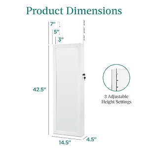 Best Choice Products LED Mirror Jewelry Cabinet, Tall Lockable Wall or Door Mounted Jewelry Armoire Organizer with Mirror, 2 Drawers, Lock, Cosmetic Tray, Shelves - White