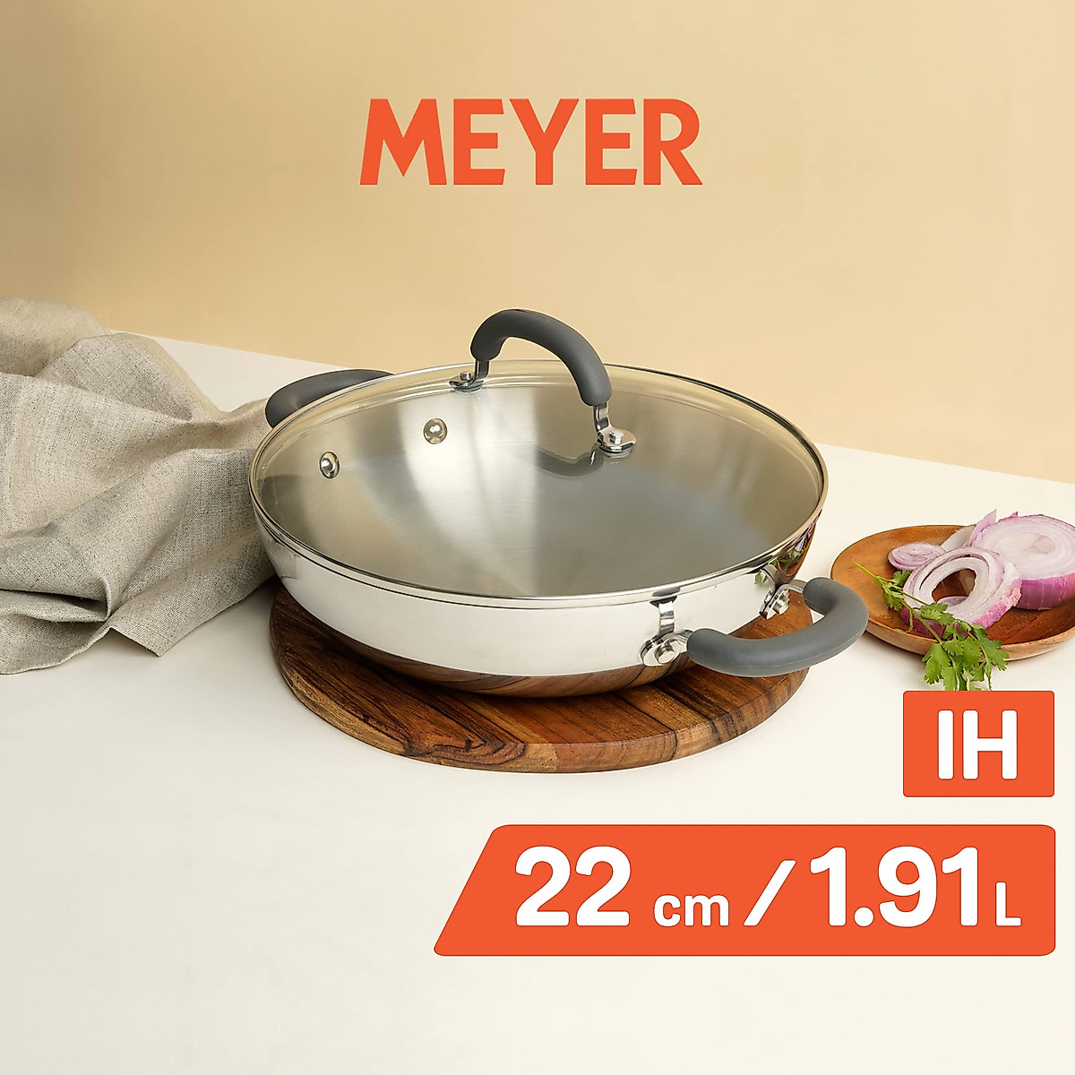 Meyer Trivantage Nickel Free Stainless Steel Triply Kadai | Steel Kadhai with Lid | Stainless Steel Cookware with Induction Base | Small Kadhai for deep Fry, 22cm, Silver