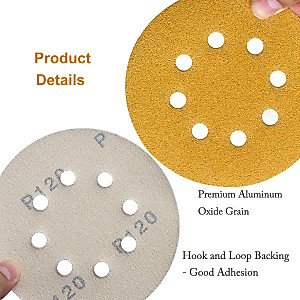 Aiyard 5-Inch 8-Hole Hook and Loop Sanding Discs 120-Grit Random Orbit Sandpaper, 100-Pack