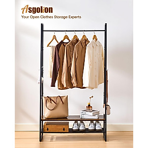Asgolion Clothing Rack, Clothes Rack for Hanging Clothes, Garment Rack with 2 Shelves and 4 Hooks, Metal Standing Clothes rack for Bedroom, Closet, Rustic Brown