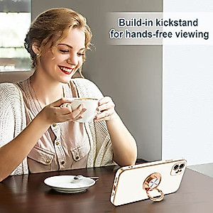 Hython Case for iPhone 12 Case with Ring Stand [360° Rotatable Ring Holder Magnetic Kickstand] [Soft Microfiber Lining] Plating Rose Gold Edge Shockproof Protective Phone Cases Cover for Women, White