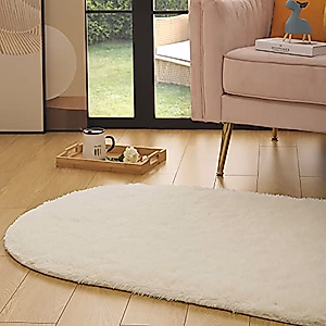 Goideal Oval Shaggy Bedroom Rug 2.6 x 5.2 Feet Fluffy Area Rugs for Girls Boys Kids Room Nursery Floor Carpet Home Decoration, Cream