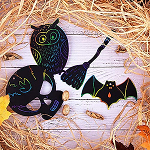 KINBOM 48pcs Halloween Scratch Paper Rainbow Scratch Paper with 12pcs Wooden Styluses and 48pcs Ribbons for Halloween Theme Decor, Various Art&Crafts, Parties Supplies