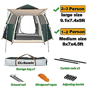 CLrkualn Camping Tent Pop Up 60 Seconds Set Up Family Dome Tent Waterproof Windproof Tent Double Layer Portable with Carry Bag for Outdoor Picnic Hiking Glamping (Green, Medium)