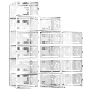 Kuject 15 Pack Shoe Storage Boxes, Large Clear Plastic Stackable Shoe Organizer for Closet, Connect Left and Right Shoe Boxes Case Container Bin for Entryway, Drop Front, Fit for Size 10(White)