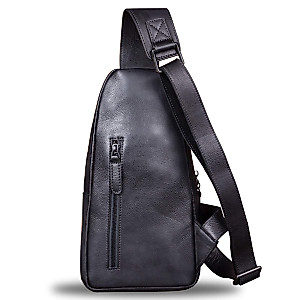 Genuine Leather Sling Bag for Men Chest Shoulder Crossbody Hiking Backpack Vintage Handmade Daypack (Black)
