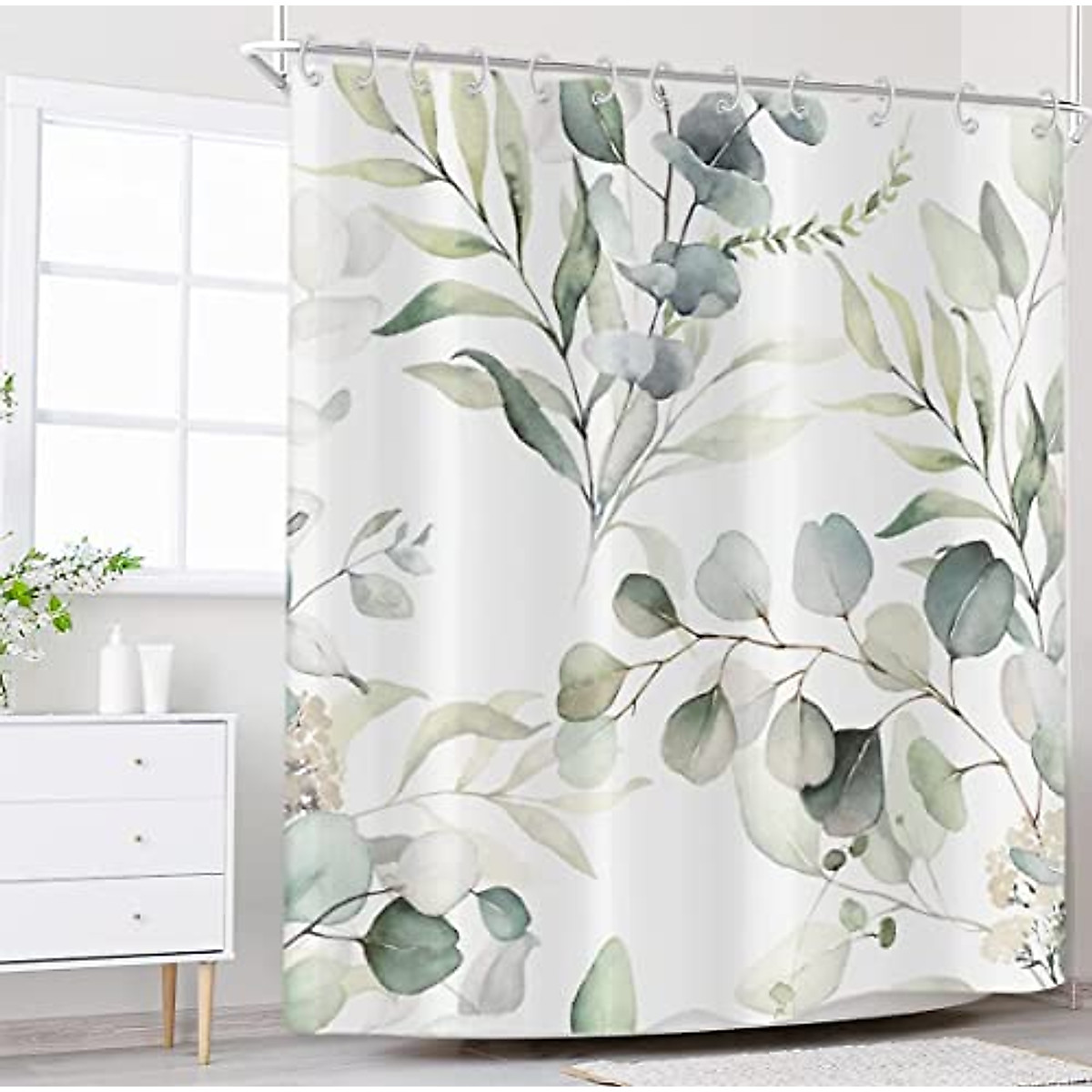 GCIREC Eucalyptus Leaf Shower Curtains, Sage Green Spring Botanical Watercolor Plants Bathroom Curtains Bathtub Home Decor Waterproof Fabric Machine Washable with 12 PCS Hooks