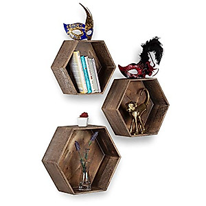 Rustic State Brooks Wall Mount Hexagon Honeycomb Box Geometric Floating Shelf Display Hanging Bookshelf Decorative Picture Ledge with Wood Back - Distressed Walnut - Multi Sizes - Set of 3