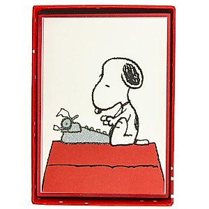 Graphique Peanuts Typewriter Boxed Notecards, 16 Snoopy at Typewriter Cards Embellished with Glitter, with Matching Envelopes and Storage Box, 3.25" x 4.75"