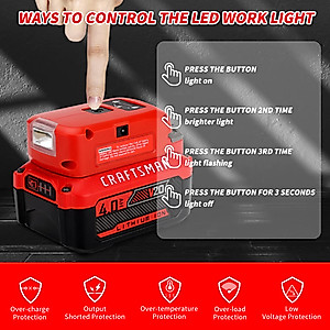 Hiesuan Battery Adapter Charger for Craftsman V20 Li-ion Battery, Power Source with 3W 140LM LED Light, 2 USB Ports, 12V DC Port Flashlight Worklight Outdoor Camping Lantern Light