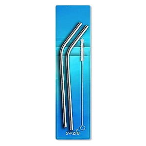 SWZLE Pack - 2 Reusable Stainless Steel Drinking Straws & 1 Cleaning Brush in Stylish Water Resistant Carrying Case - Fits in Purse & Backpack - Perfect for Travel & Home (Blue Ocean)