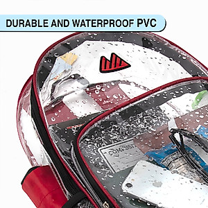 Summit Ridge Waterproof Clear Backpack with Water Bottle Holder Stadium Approved Heavy Duty Clear Backpack Quality See Through Bag (Red)