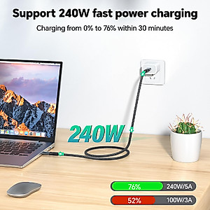 ZDD Thunderbolt 4 Cable 6FT, 240W Charging USB C to USB C Cable, Thunderbolt Certified Compatible with Type-C Power Charging MacBooks, iPad Pro, Hub, Docking, and More, Black