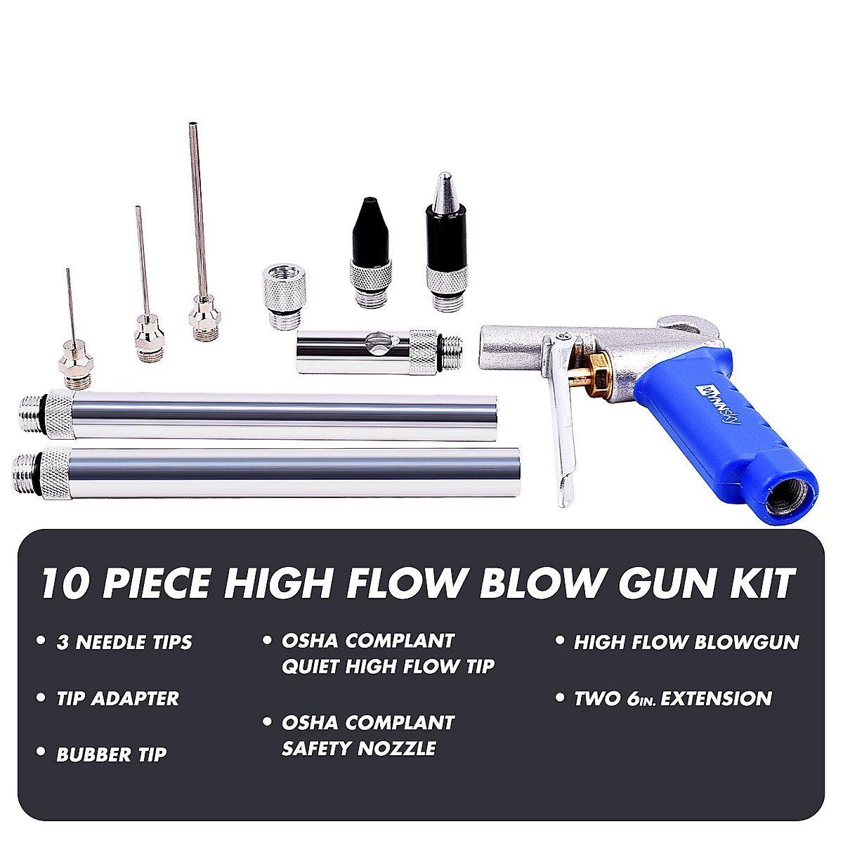 WYNNsky High Flow Air Blow Gun with 9 PCS Blower Tips, 6 inch Extensions, Needle and Rubber Tip, Xtreme Flow Nozzle, Adaptor, 120PSI Working Pressure, Air Compressor Accessories Kit, Cleaning Air Tool