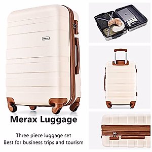 Merax 3 Piece Expandable ABS Hardshell Luggage Sets Spinner Wheel Suitcase TSA Lock Suit Case, Ivory/Brown, 20/24/28 Inch
