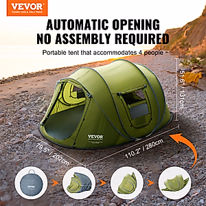 VEVOR Camping Tent, 9.2 x 6.6 x 4.3 ft Pop Up Tent for 4 Person, Easy Setup Waterproof Backpacking Tent, with Door and Window, for Outdoor Family Camping, Hiking, Hunting, Mountaineering Travel