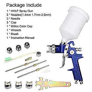 HVLP Spray Gun with Replaceable 1.4mm 1.7mm 2.0mm Nozzles Needle Cap Automotive Air Paint Sprayer Gun Kit with 600cc Capacity Cup for Car Primer,Furniture Surface Spraying,Wall Painting,Base Coatings