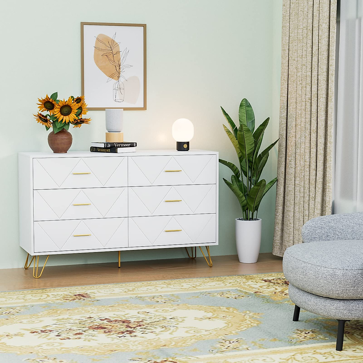 CARPETNAL White Dresser, Modern Dresser for Bedroom, 6 Drawer Double with Wide Drawers and Metal Handles, Wood Dressers & Chest of Hallway, Entryway.