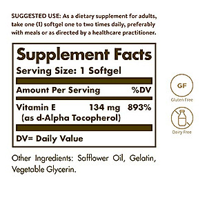 Solgar Vitamin E 200 IU Alpha, 100 Softgels - Antioxidant, Healthy Aging, Healthy Skin, Immune System Support - Natural Source Vitamin E - Gluten Free, Dairy Free - 100 Servings
