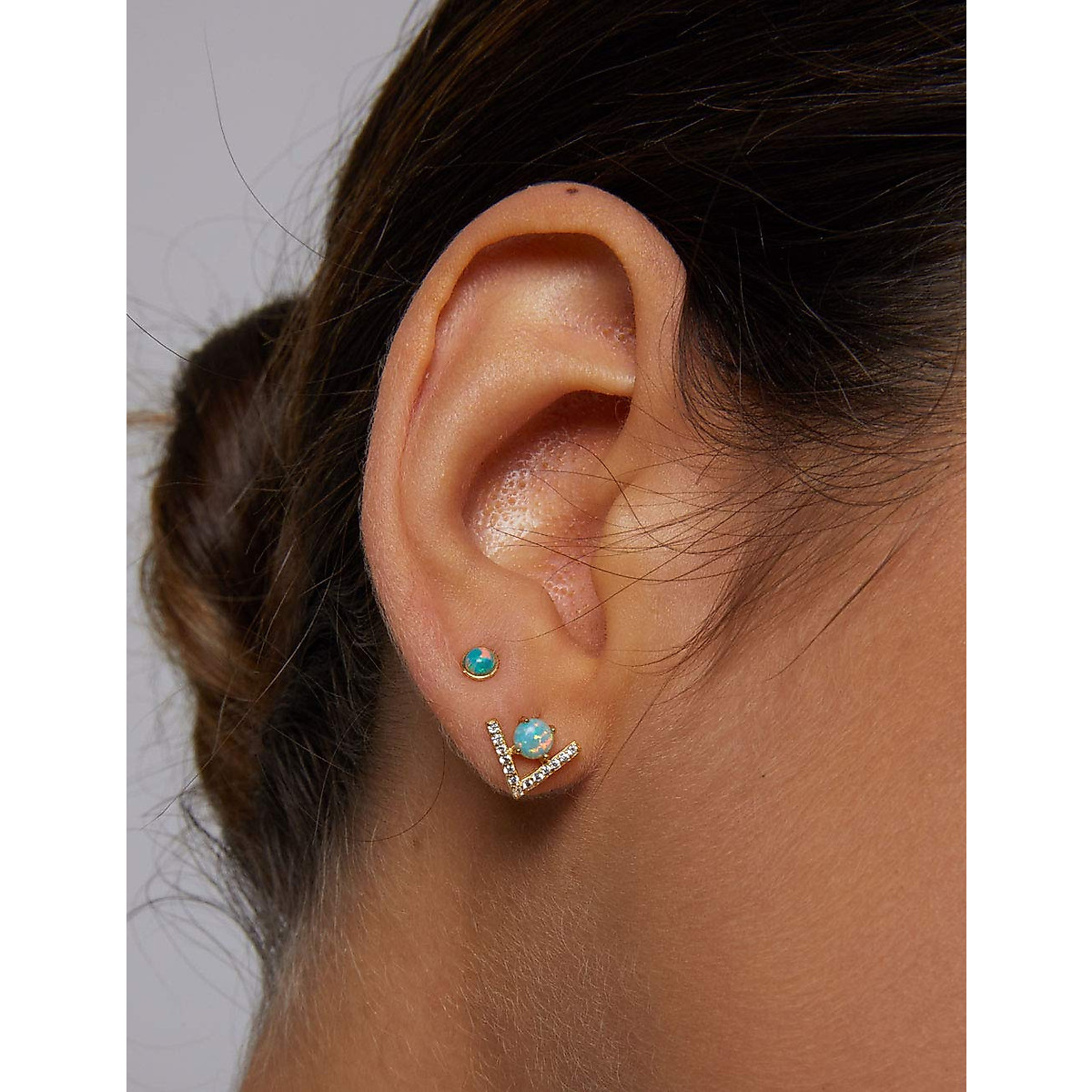 S925 18K Gold Plated Dainty Opal Stud Earrings Cubic Zirconia Chevron Accented Green Opal Sterling Silver Women's Earrings