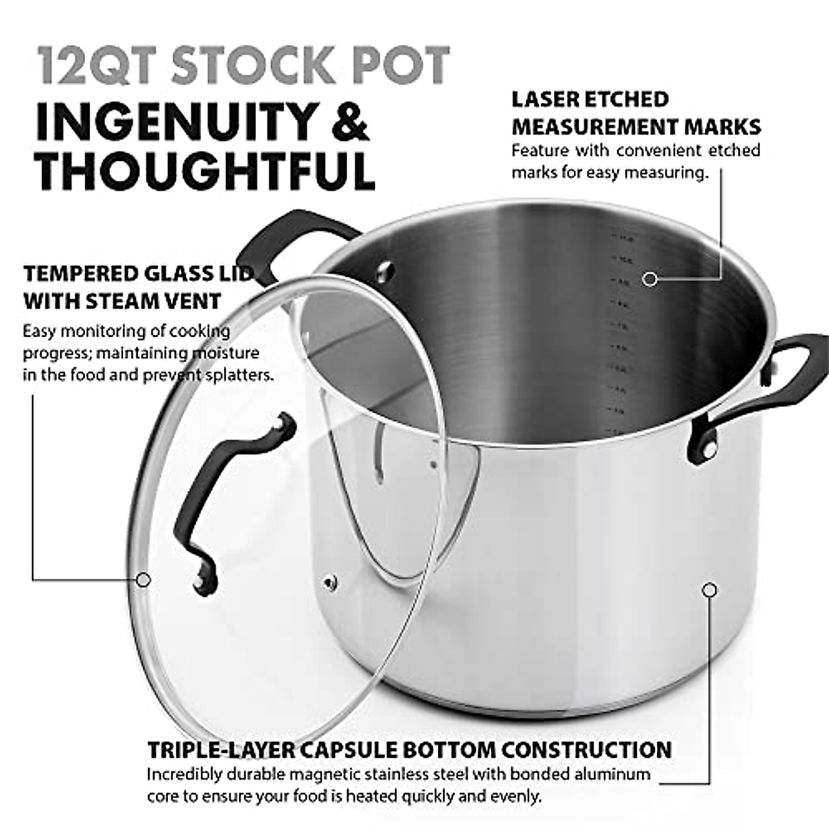 GrandTies Tri-Ply Stainless 4-Piece Induction Pots and Pans Set, Saucepan, Stockpot, Kitchen Cooking Pot with Lid and Black Metal Handle, Dishwasher Safe Cookware