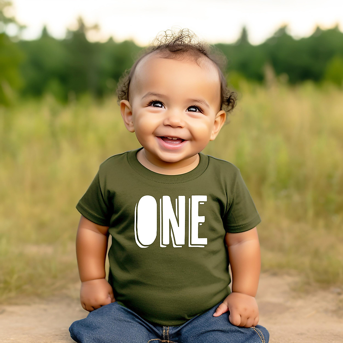 First Birthday Shirt One Outline for 1st Bday Infant Boys and Girls White on Military Green 12 Months