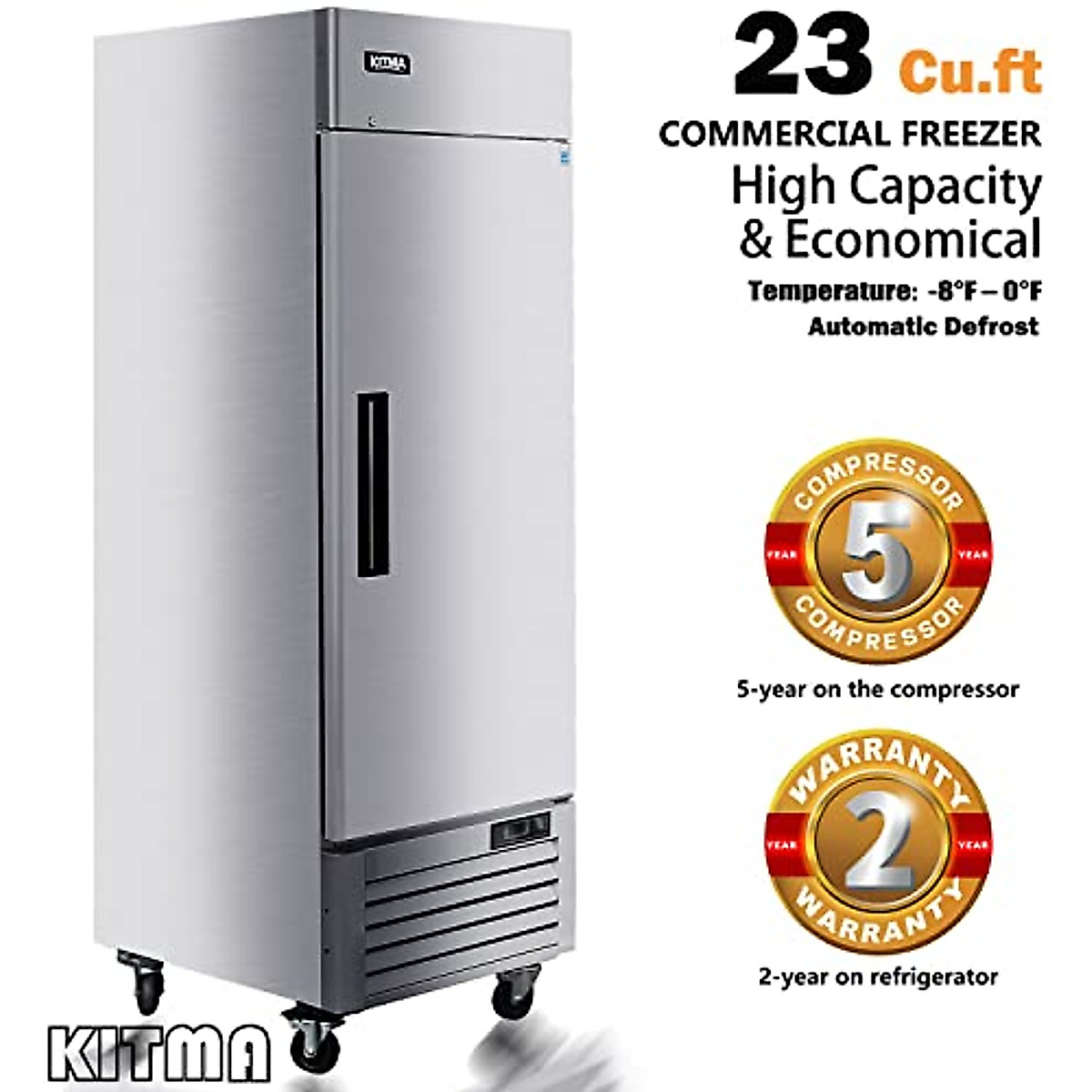 KITMA 28" Commercial Freezer, Single Door Stainless Steel Reach-in Freezer with 3 Adjustable Shelves for Restaurants, 23 Cu. Ft (-8°F – 0°F)