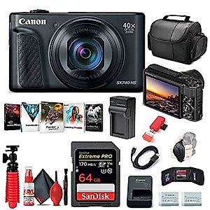 Canon PowerShot SX740 HS Digital Camera (Black) (2955C001) + 64GB Memory Card + NB13L Battery + Corel Photo Software + Charger + Card Reader + Soft Bag + Flex Tripod + More (Renewed)