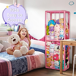 Trycooling Stuffed Animal Storage Zoo Stuffed Animal Holder Space Save Vertical Stuffed Animals Storage PVC with Elastic Band and Net for Playroom Bedroom Nursery (Pink 1)