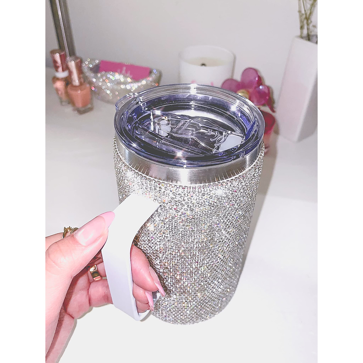 TISHAA Bling Dazzling Rhinestone Stylish 750 mL Vacuum Insulated Stainless Steel Travel Water Bottle Cup Thermos Mug with Handle Lid (White)