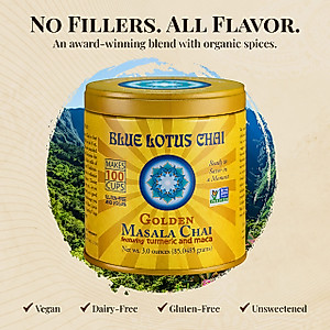 Blue Lotus Chai - Golden Masala Flavor Chai - Makes 100 Cups - 3 Ounce Masala Spiced Chai Powder with Organic Spices - Instant Indian Tea No Steeping - No Gluten