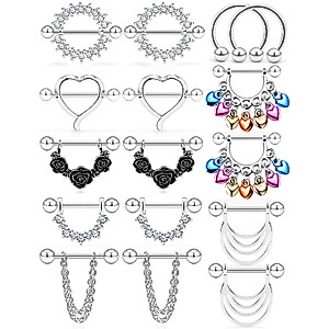 Hoeudjo 16G Nipple Rings Nipplering for Women 14mm Surgical Steel Dangle Nipple Rings Heart Circle Nipple Hoop Piercing Jewelry Silver-Tone