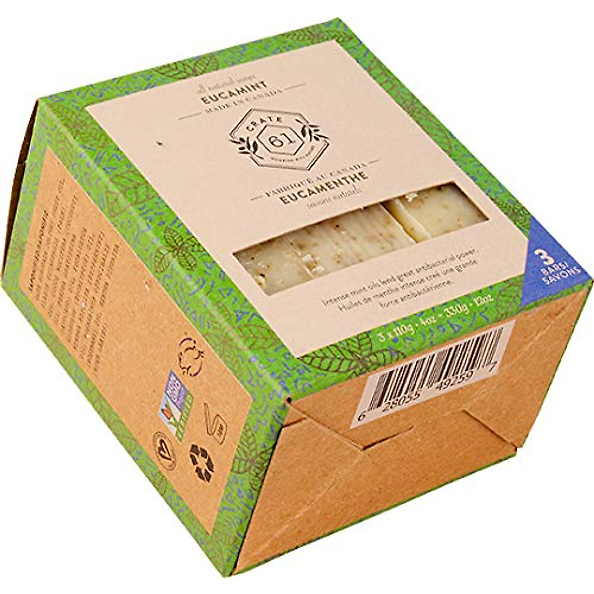 Crate 61, Handmade in Canada, Plant Based Cold Process Natural Bar Soap For Face And Body, With Premium Essential Oils, Eucalyptus & Peppermint For Men And Women 3 Pack (Eucamint)