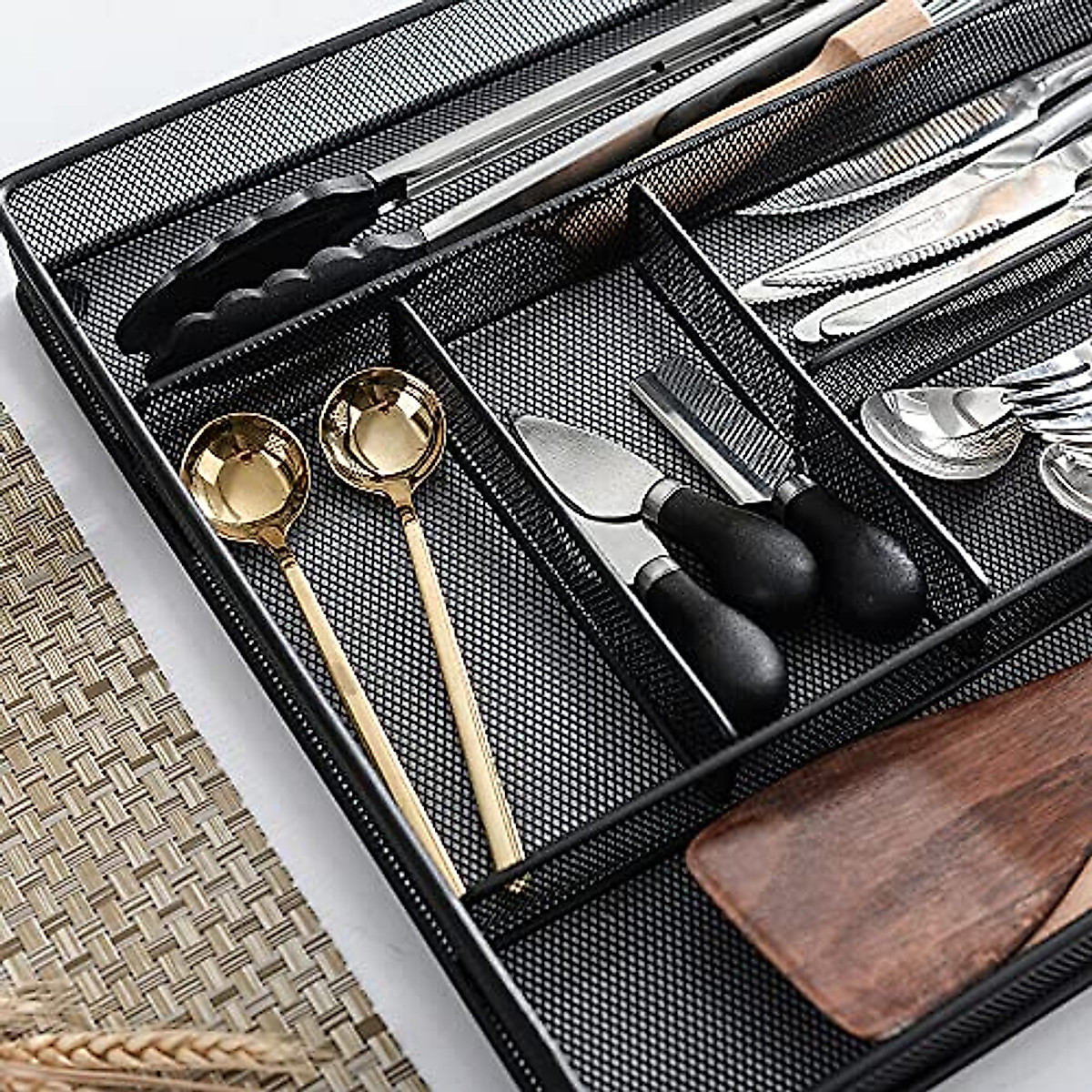 Velaze Black Cutlery Organizer Kitchen /Office Mesh Steel Utensil Drawer Storage