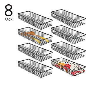 mDesign Metal Farmhouse Kitchen Cabinet Drawer Organizer Basket Tray, Shallow Storage Bin for Cutlery, Serving Spoons, Cooking Utensils, Appliances, Gadgets, Unity Collection, 15" Long, 8 Pack, Black