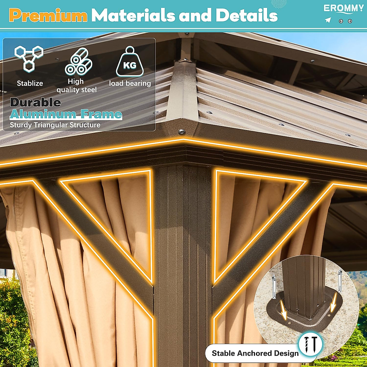 EROMMY 12' x 14' Hardtop Gazebo, Aluminum Frame Gazebos with Galvanized Steel Double Roof, Permanent Outdoor Metal Pavilion with Curtain and Netting for Patio, Lawn, Deck