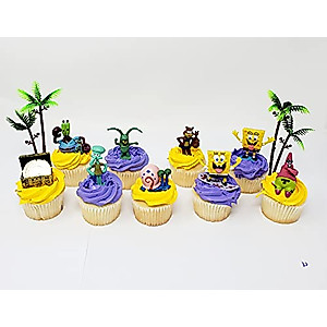 Spongebob Squarepants 11 Piece Birthday Cupcake Topper Set Featuring 2" to 3" Cupcake Toppers of Squidward, Sandy Cheeks, Patrick Star, Mr. Krabs, Plankton, Gary and More