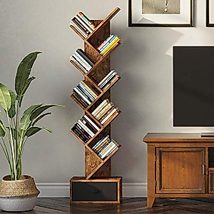 Rolanstar Bookshelf with Drawer, 9-Tier Tree Bookshelf, Wooden Bookshelves Storage Rack for CDs/Movies/Books, Rustic Brown Bookcase, Utility Organizer Shelves for Living Room, Bedroom, Home Office