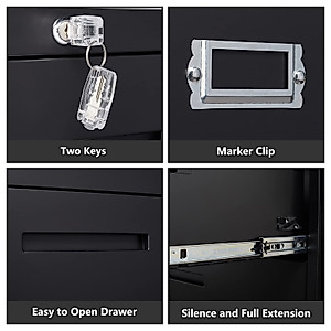 LISSIMO Lateral File Cabinet, 2 Drawer Metal Filing Cabinet with Lock, Home Office Storage for A4, Letter Size, Hanging File Folders(Black)