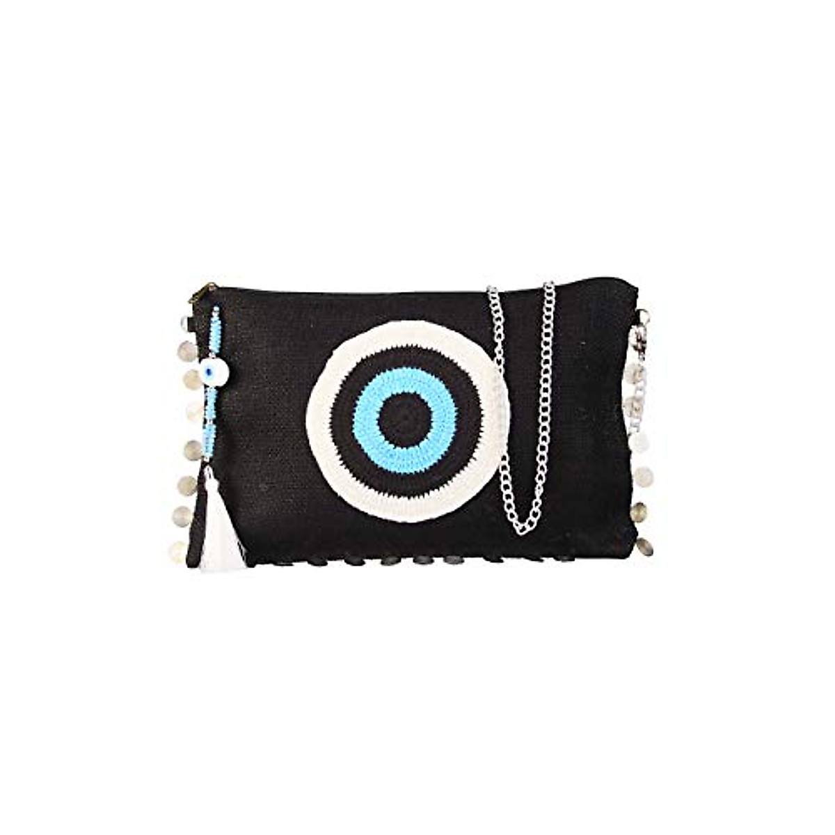 KarensLine Handmade Evil Eye Black Blue Clutch Bag for Women Beach Bag Zipper Closure Wipeable Lining with Crystals Tassels (w/Chain)
