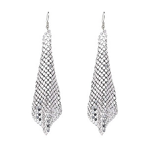 GIMEFIVE Gold Sequin Earrings Lightweight Metal Mesh Grid Tassel Drop Dangle Earrings Long Hook Earrings Women (Silver)