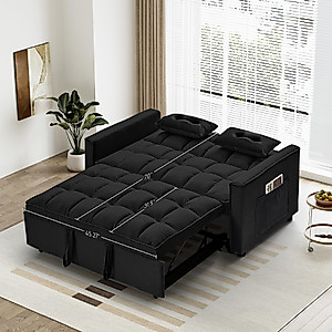 DAMAIFROM Velvet Sleeper Sofa Bed with USB Port, 3-in-1 Convertible Upholstered Loveseat Sofa w/Pull-Out Bed, Modern Futon Couch Bed with Adjustable Backrest for Living Room, Small Space, Black