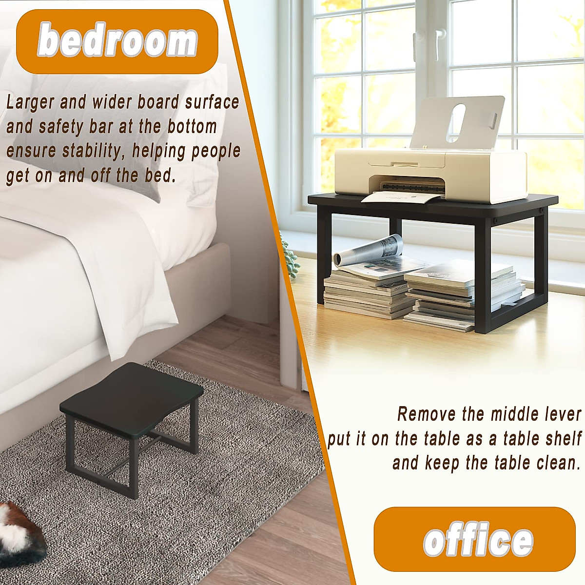 Itsst Wooden Step Stool with 500 Pounds, Wide Bed Step Stool for Adults，Black Wood Step Stool for Kitchen, Bedroom, Living Room, Bathroom