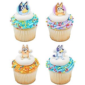 DecoPac Bluey So Much Fun Rings, Cupcake Decorations Featuring Bluey, Bingo, Bandit, and Chilli, 3D Food Safe Cake Toppers – 24 Pack